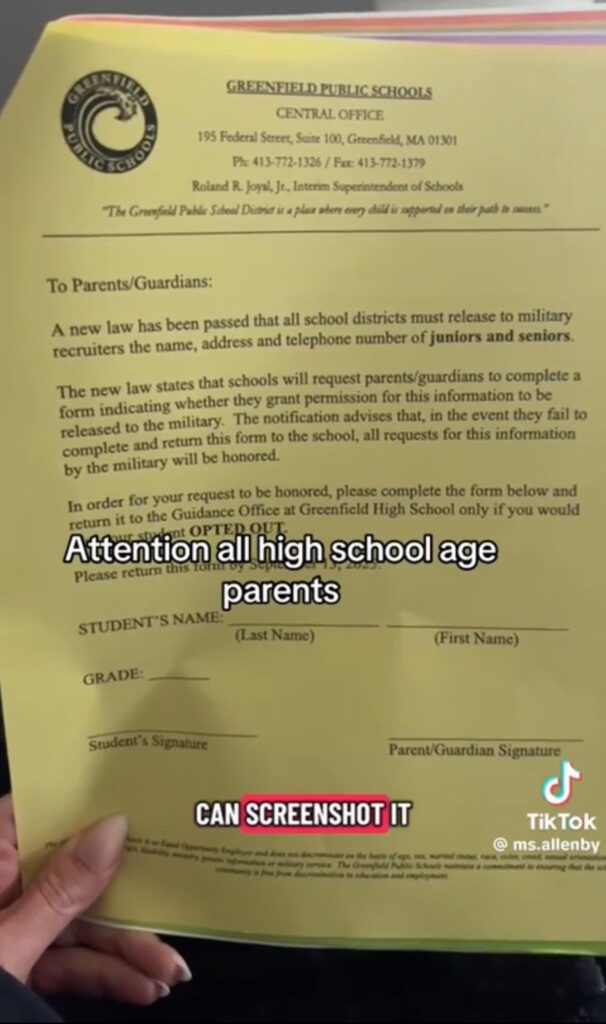 New Law requiring schools to provide military recruiters with Jr/Sr ...