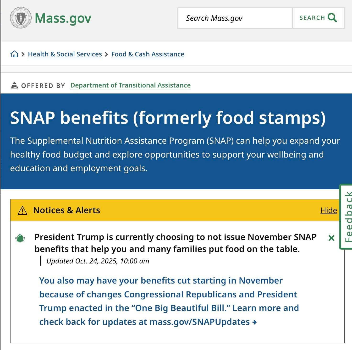 The Massachusetts government website blames trump specifically for ...